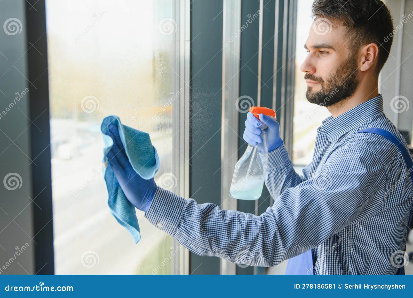 Male Worker Washing Window Glass. Stock Image - Image of person ...