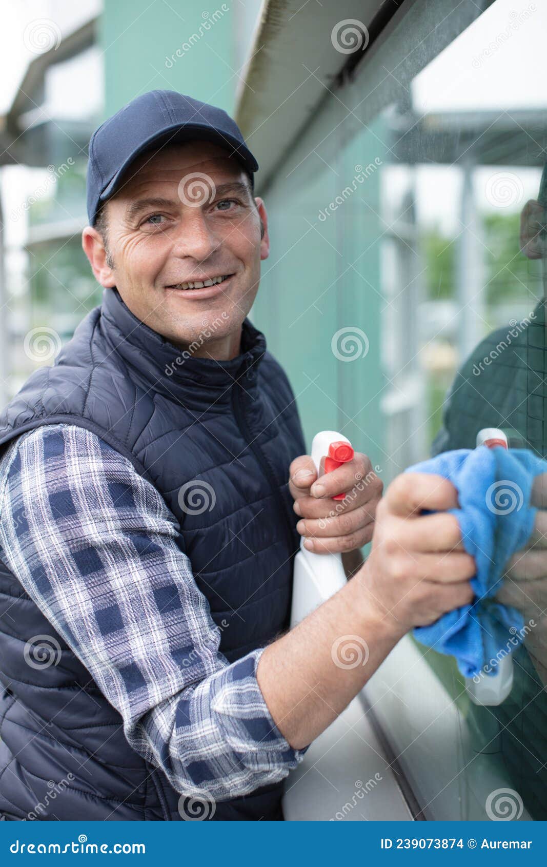 Male Worker Washing Window Glass from Outside Stock Photo - Image of ...