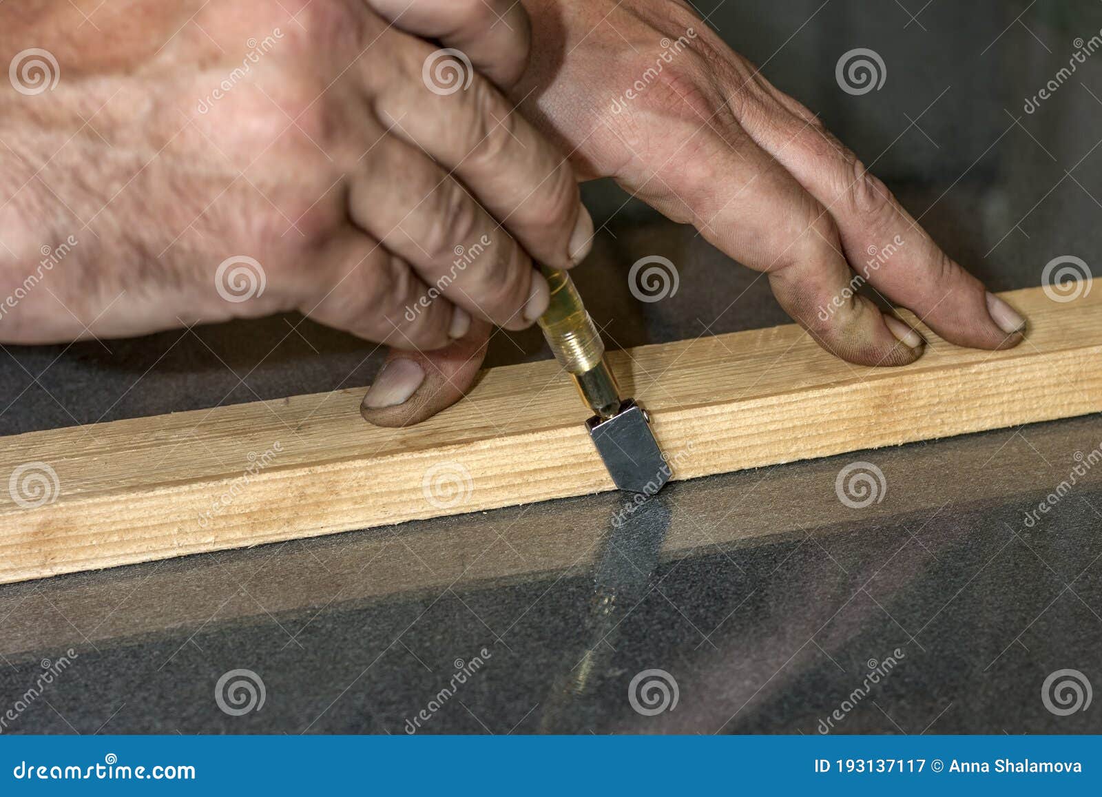 Male Working Hands Using Glass Cutter on Glass at Workbench Stock Image ...