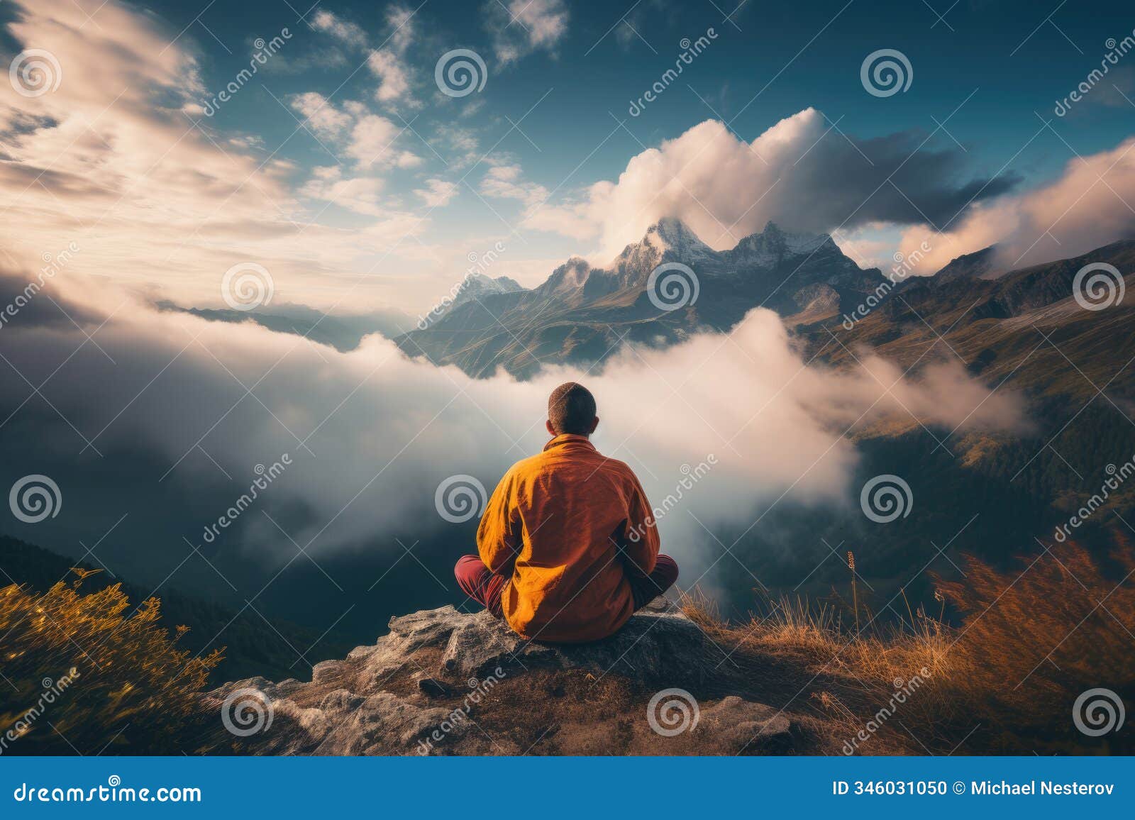 Male Yogi Meditating on Top of a Mountain Stock Photo - Image of people ...