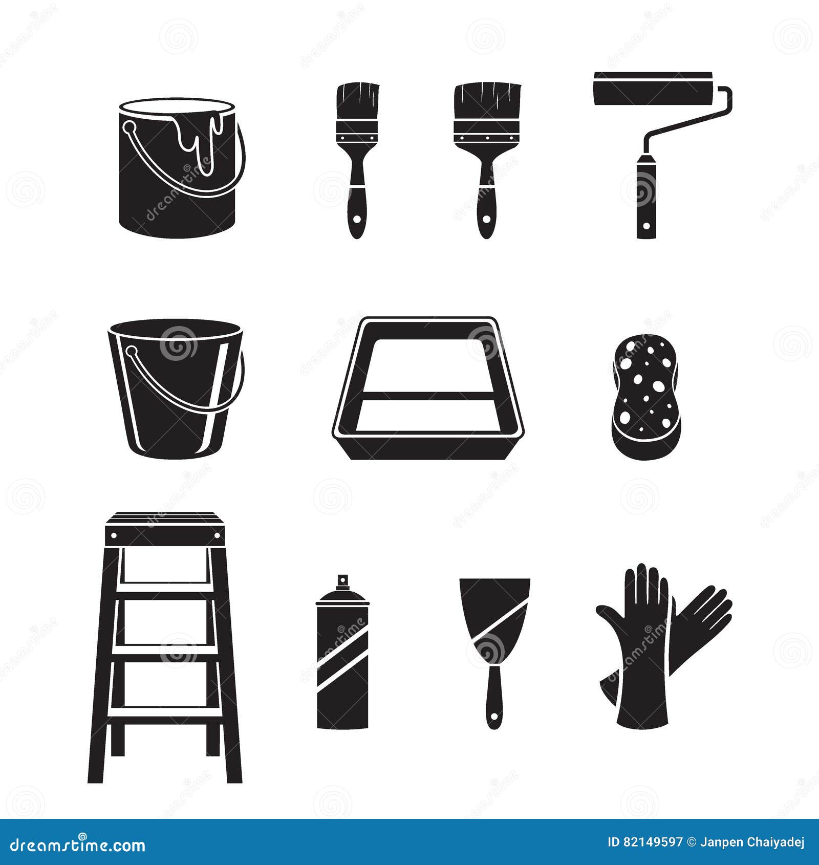 Maler-Tools Objects Icons-Satz, Einfarbig Vektor Abbildung ...