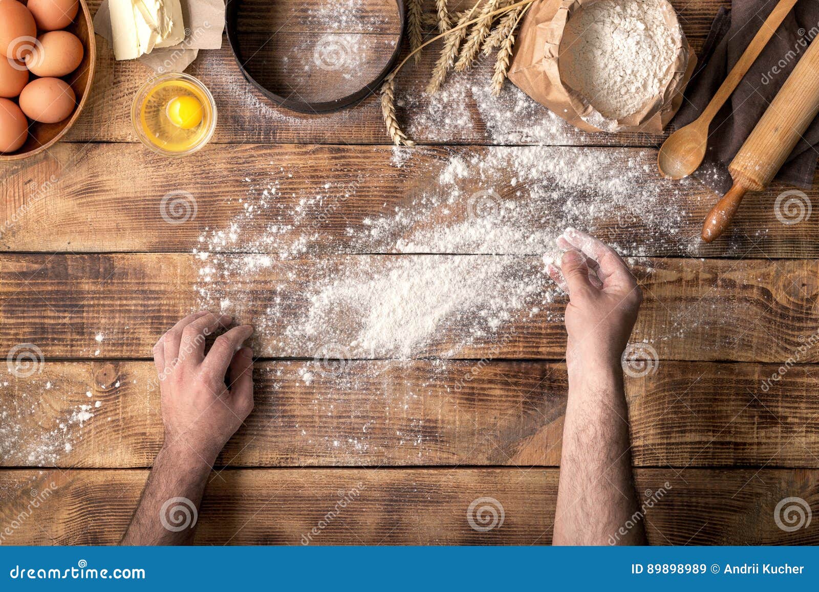 Males Hands Sprinkle with Flour Wooden Table for Making Dough Stock ...