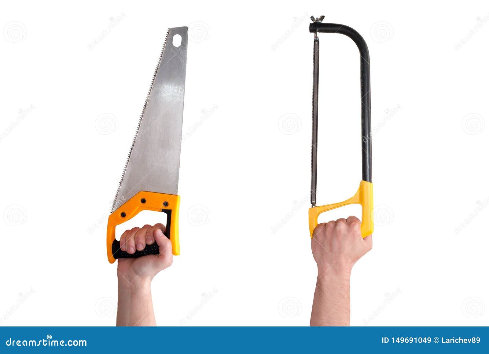 Males Hands with Two Yellow Hacksaw Isolated on White Stock Image ...