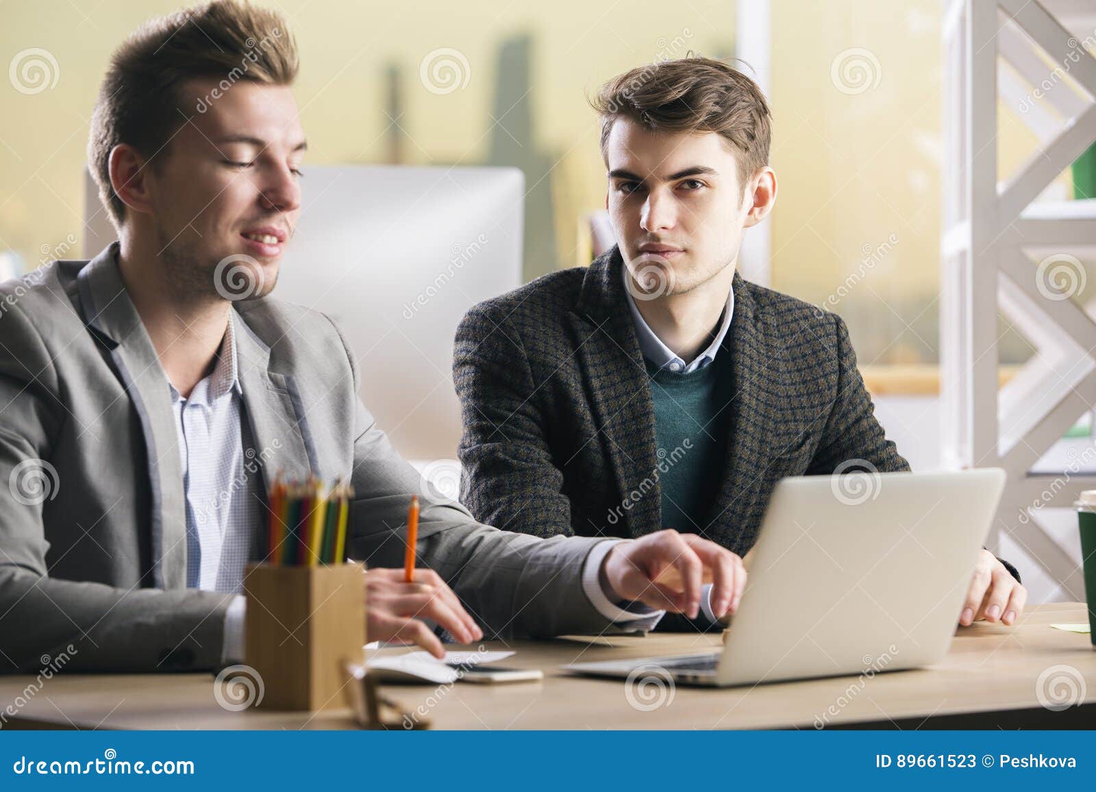 Males Using Computer and Doing Paperwork Stock Image - Image of people ...