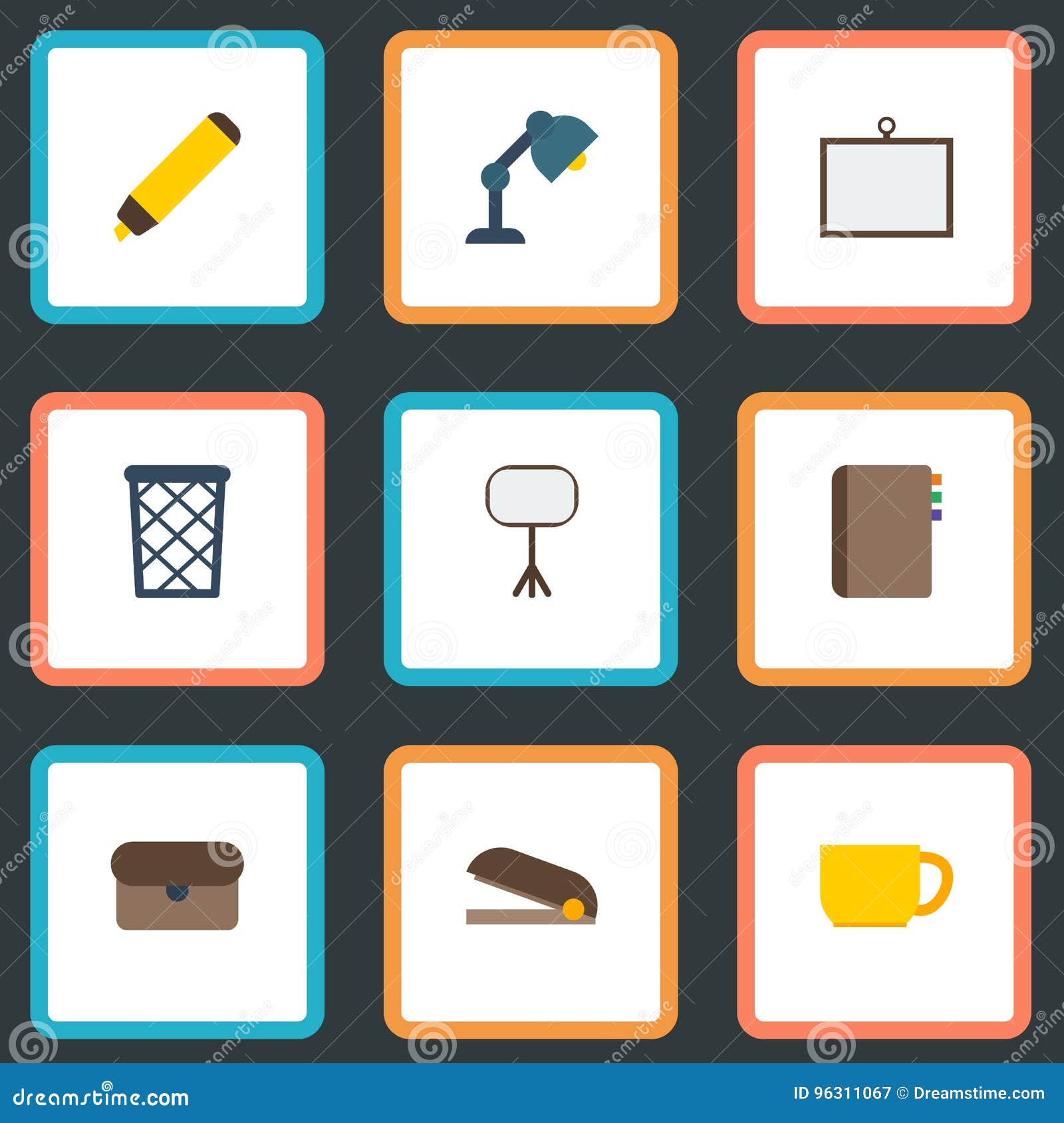 Maleta Plana De Los Iconos, Whiteboard, Highlighter Y Otros Elementos ... Maleta Plana De Los Iconos, Whiteboard, Highlighter Y Otros Elementos ...