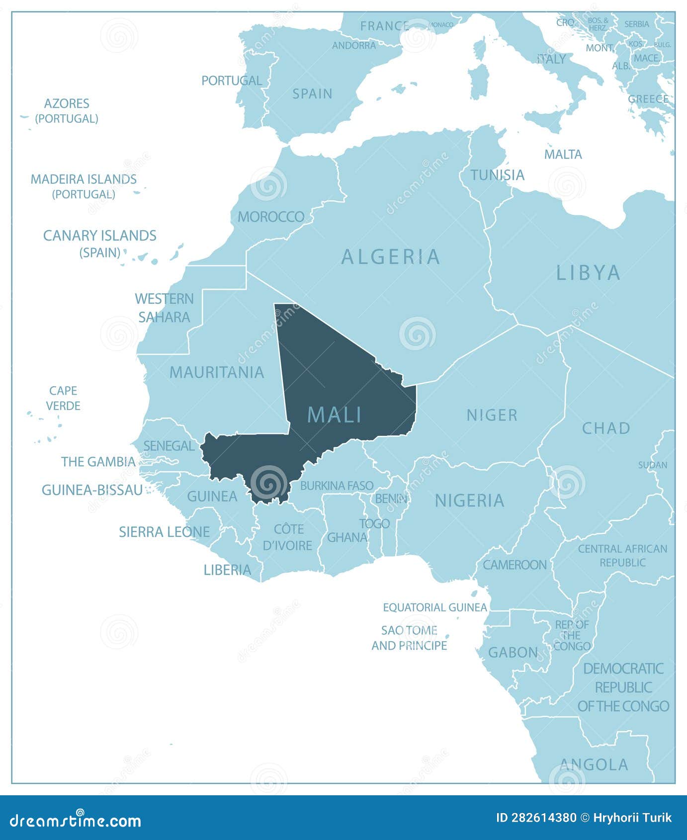 Mali - Blue Map with Neighboring Countries and Names Stock Illustration ...