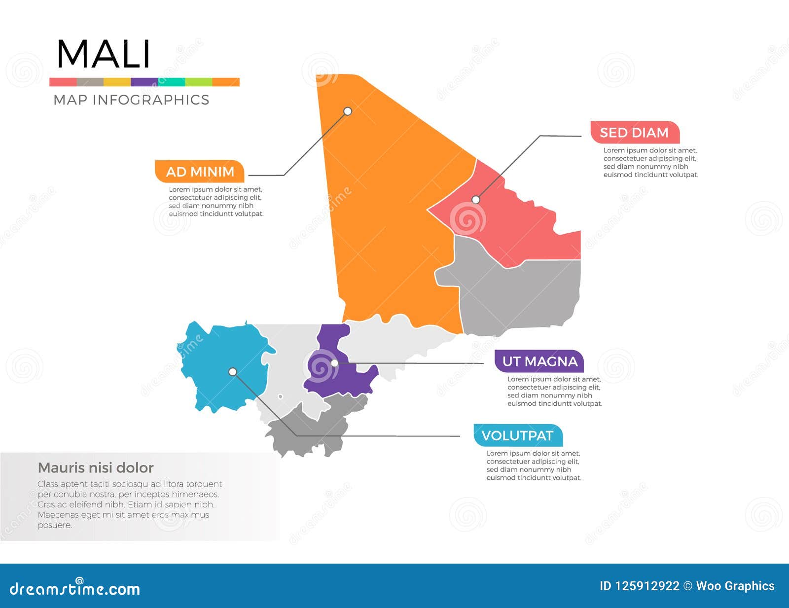 Mali Map Infographics Vector Template with Regions and Pointer Marks ...