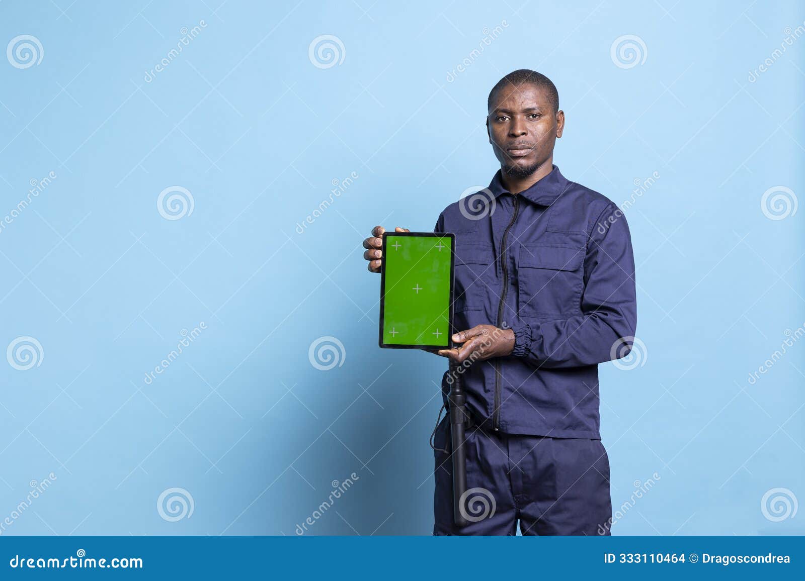 Mall Security Guard Showing a Tablet with Isolated Copyspace Display on ...