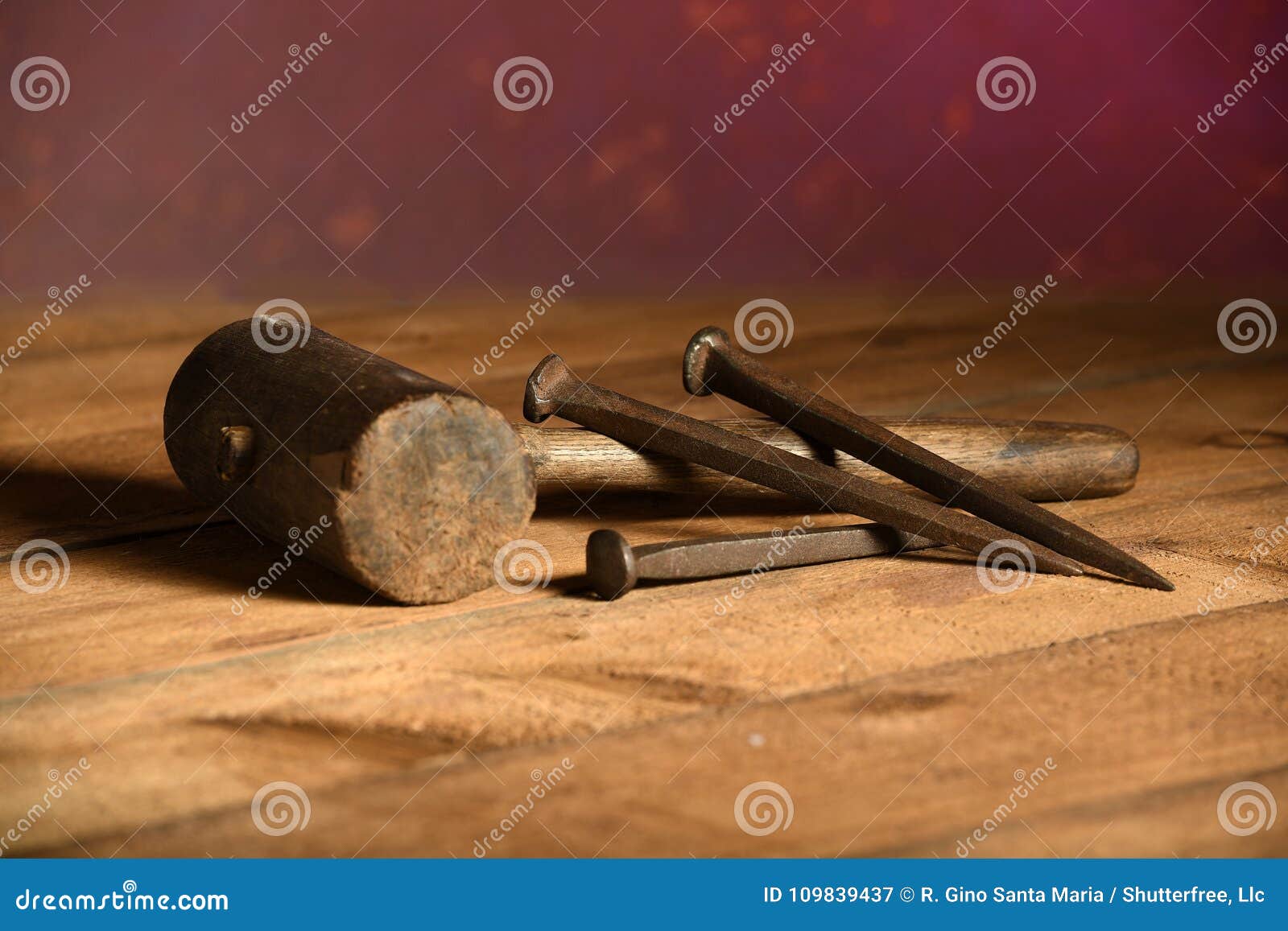 Mallet and Three Metal Spikes Stock Image - Image of depiction, vintage ...