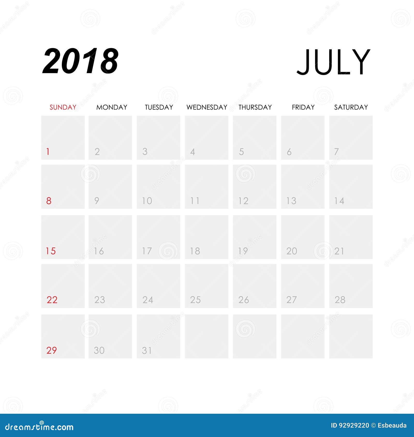 Malplaatje Van Kalender Voor Juli 2018 Vector Illustratie ...
