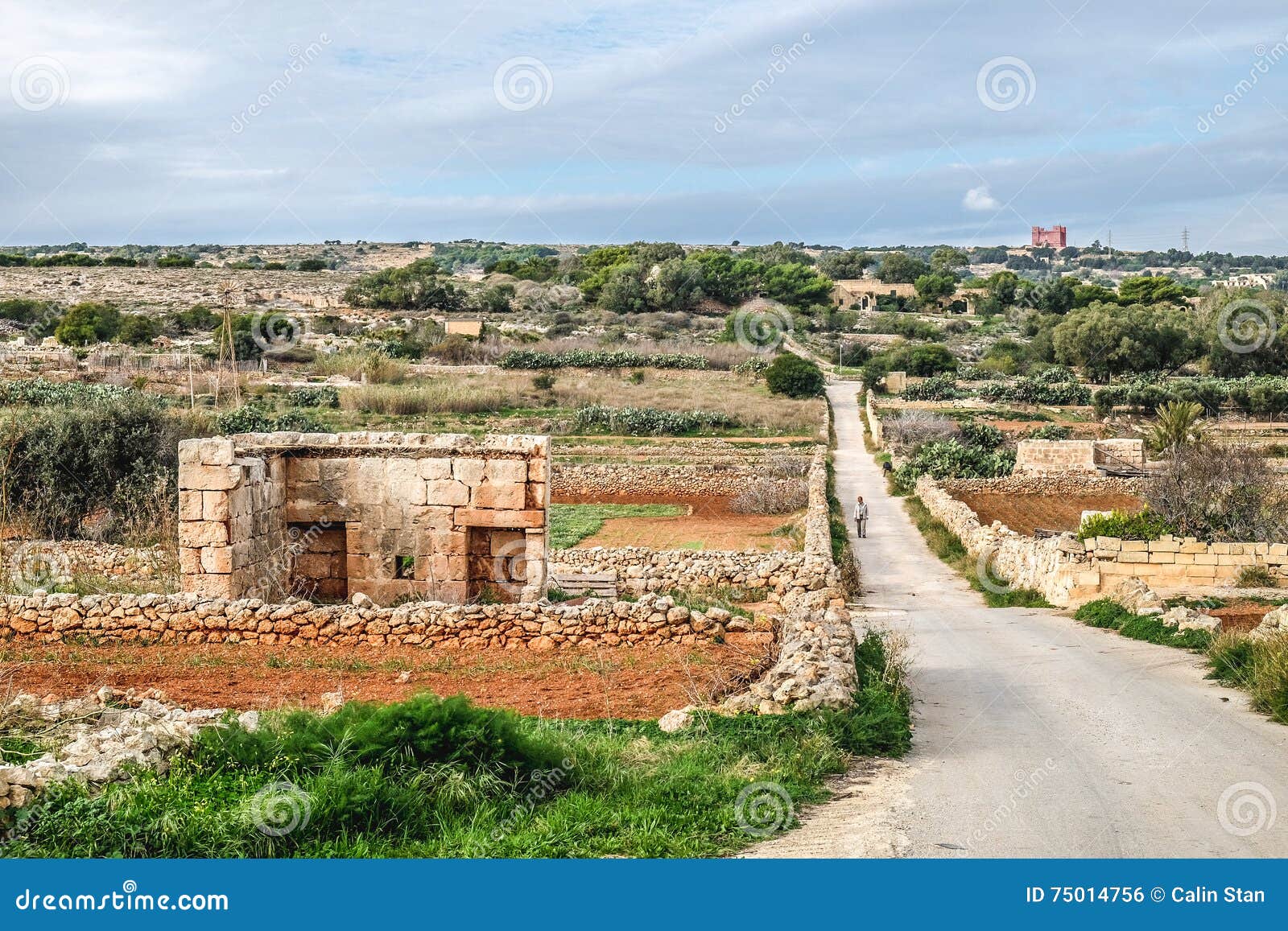 Malta Countryside with Red Old Castle in the Background Stock Photo ...