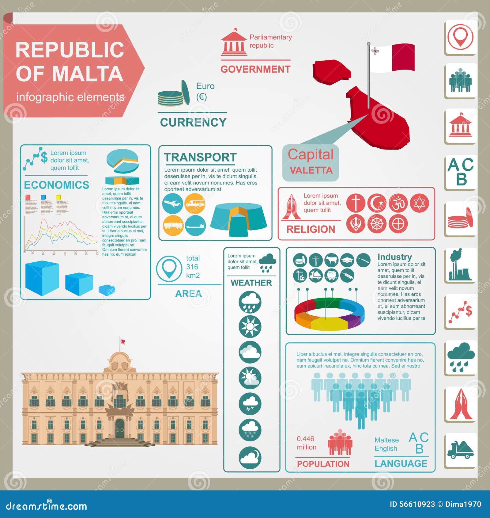 Malta Infographics, Statistical Data, Sights. Stock Vector ...