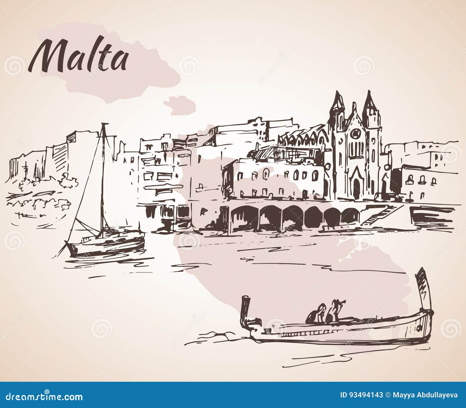 Malta Island Old Buildings Sketch. Stock Vector - Illustration of ...