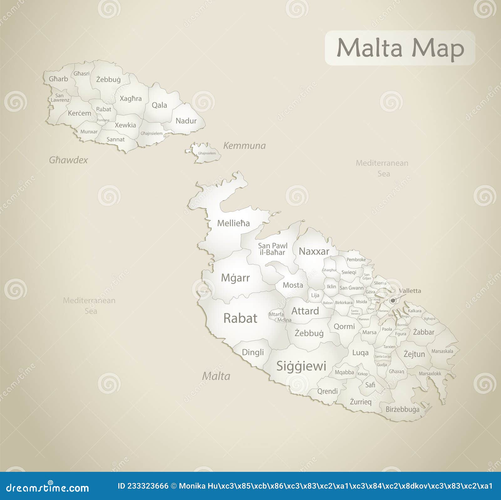 Malta Map, Administrative Divisions Whit Names Regions, Blue Background Cartoon Vector ...