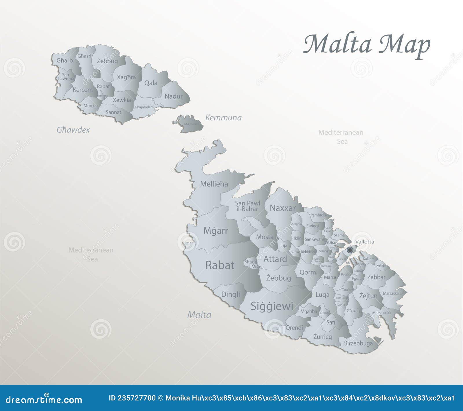 Malta Map, Administrative Division with Names, White Blue Card Paper 3D ...