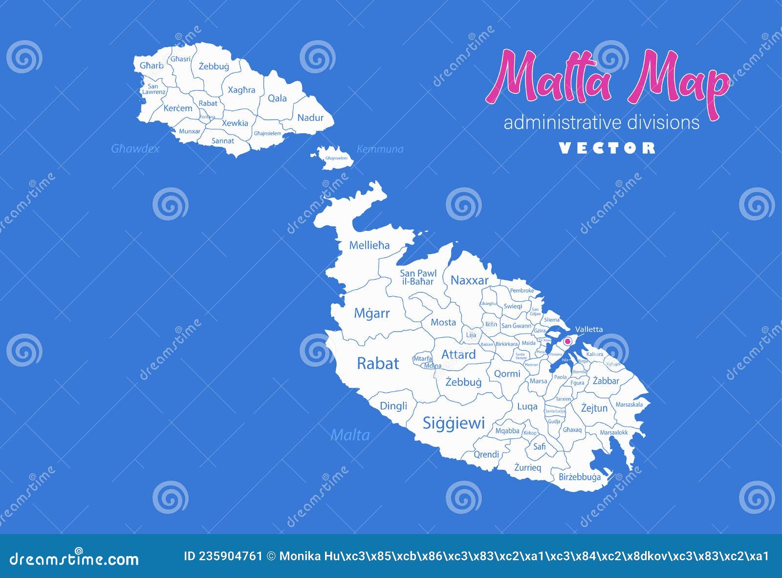Malta Map, Administrative Divisions Whit Names Regions, Blue Background Stock Vector ...