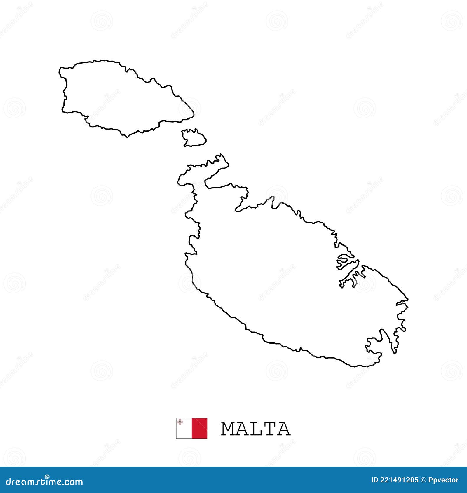 Malta Map Line, Linear Thin Vector Simple Outline and Flag. Black on ...