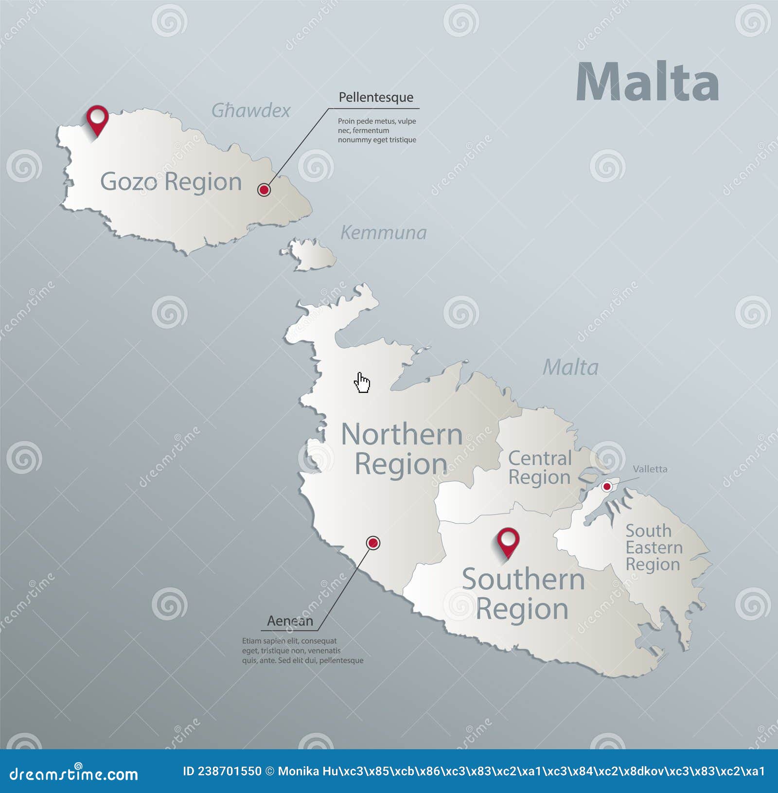 Malta Regions Map with Names, Blue White Card Paper 3D Stock Vector ...