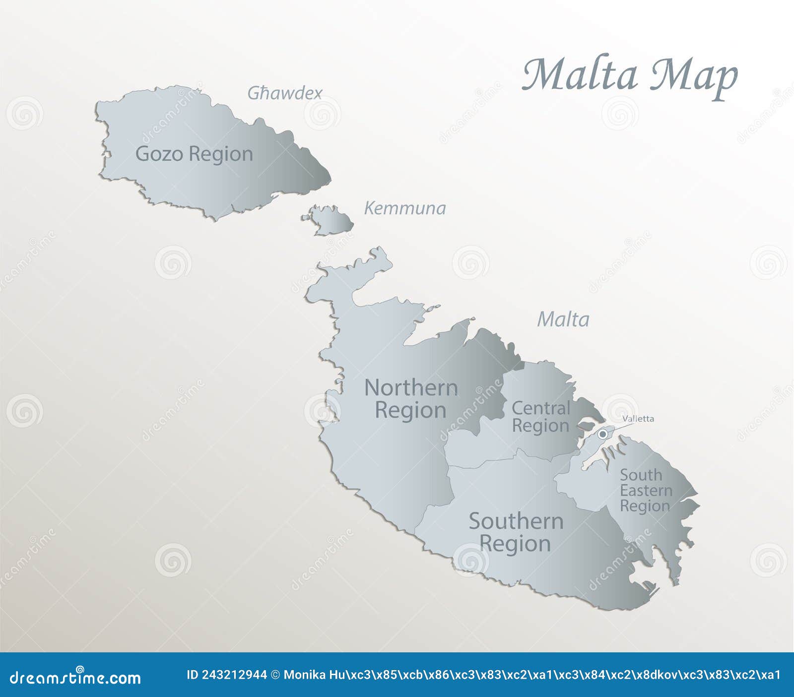 Malta Regions Map with Names, White Blue Card Paper 3D Stock Vector ...