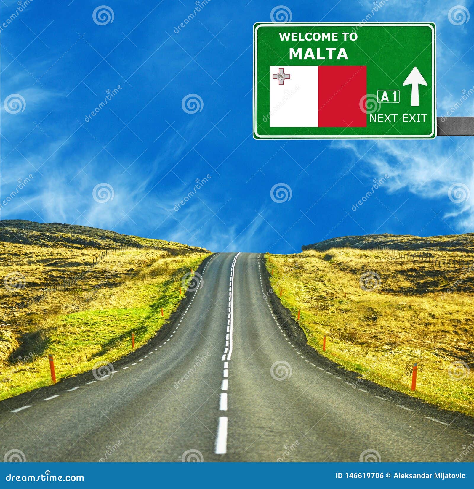 Malta Road Sign Against Clear Blue Sky Stock Photo - Image of metal ...