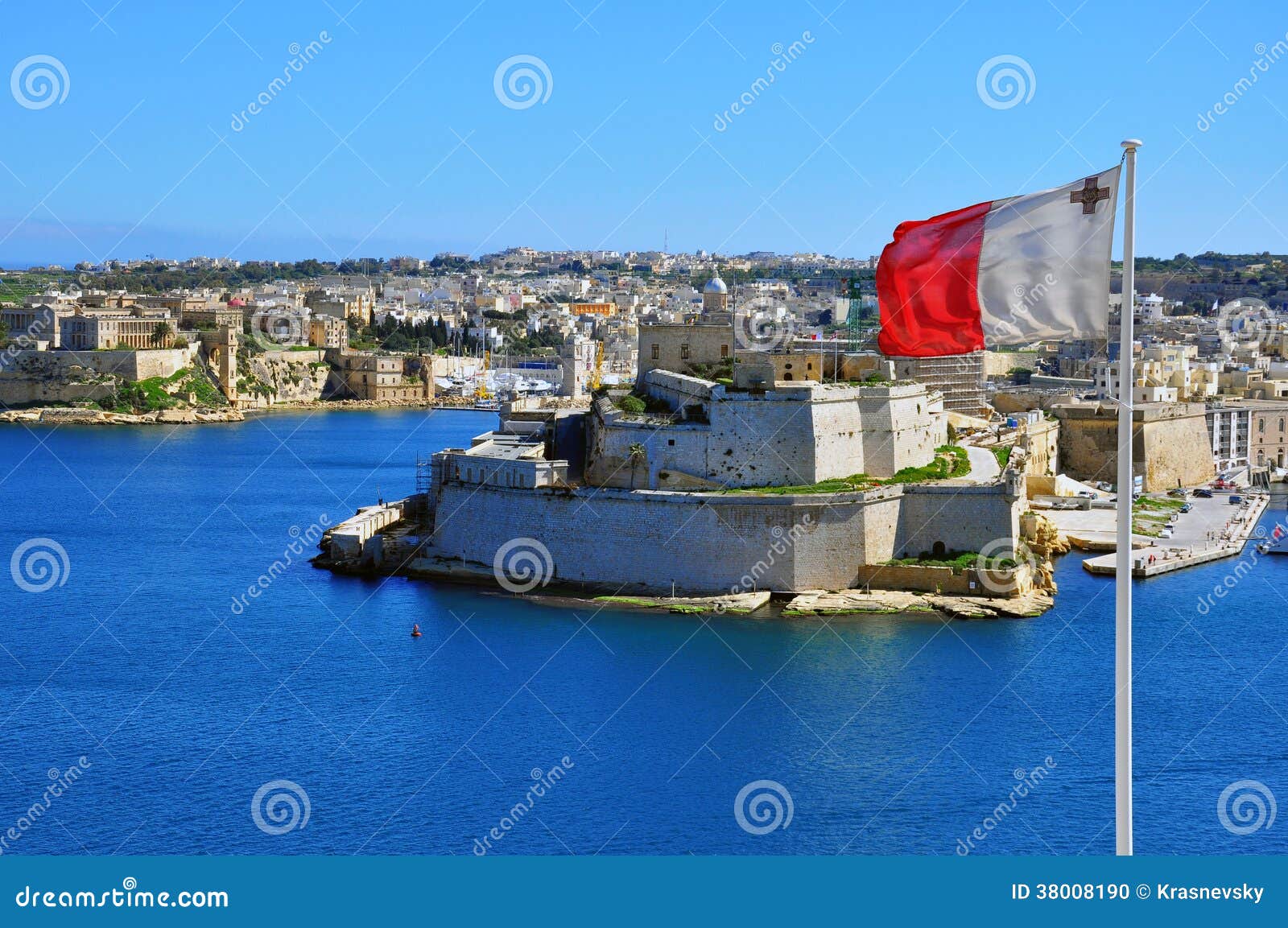Maltese flag in Valletta stock photo. Image of summer - 38008190