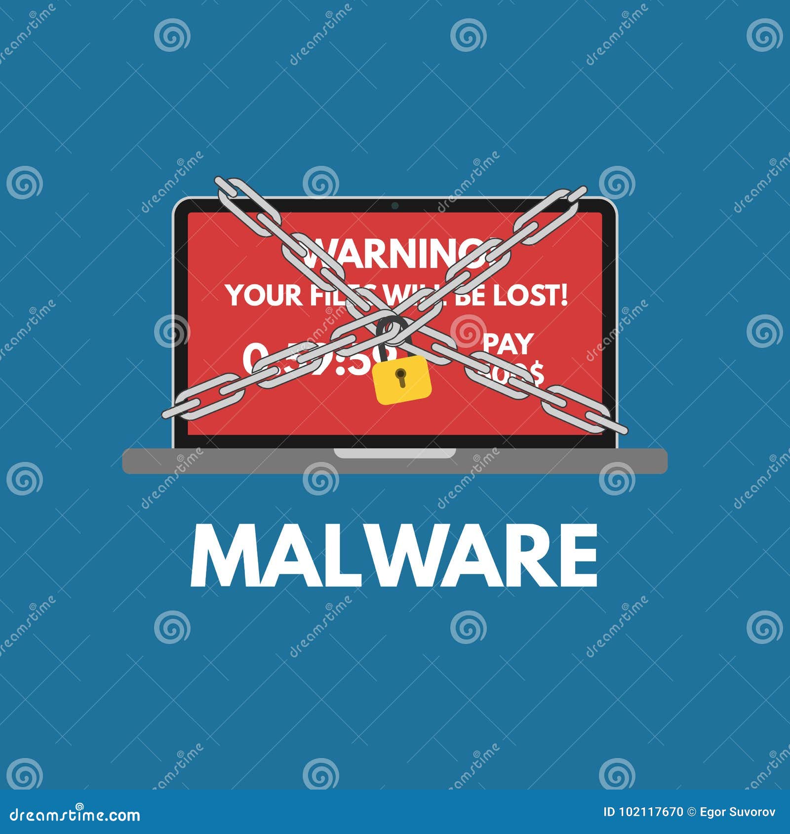 Malware Cyber Attack. Red Alert Notification and Padlock with Chain on ...