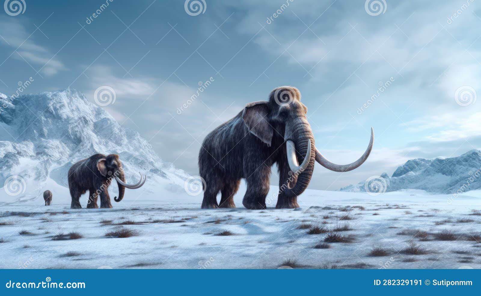 A Mammoth Walking with Friends on Snowy Mountains in the Background ...