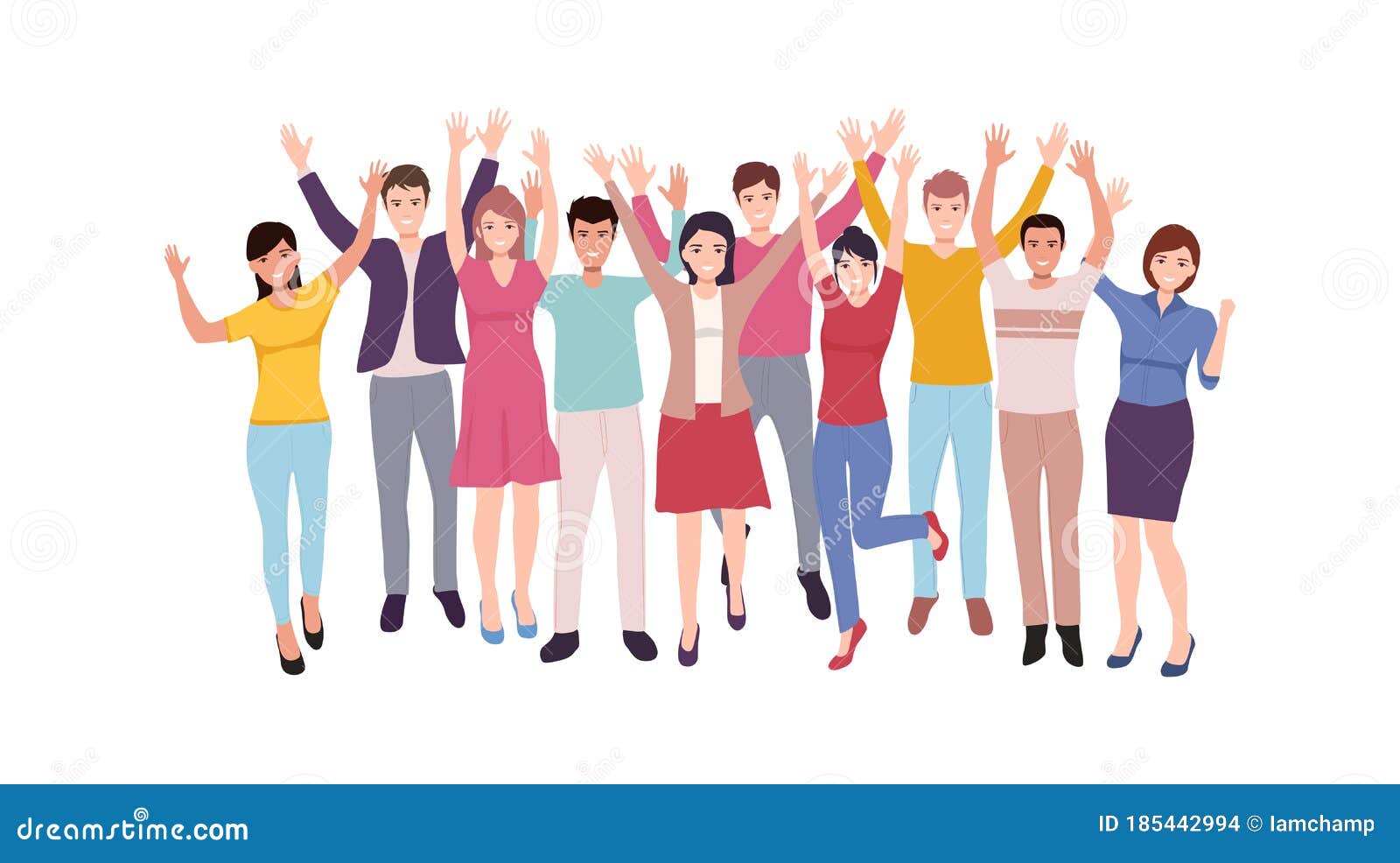 Group of Happy People Raising Hand Celebrating Success in Flat Icon ...