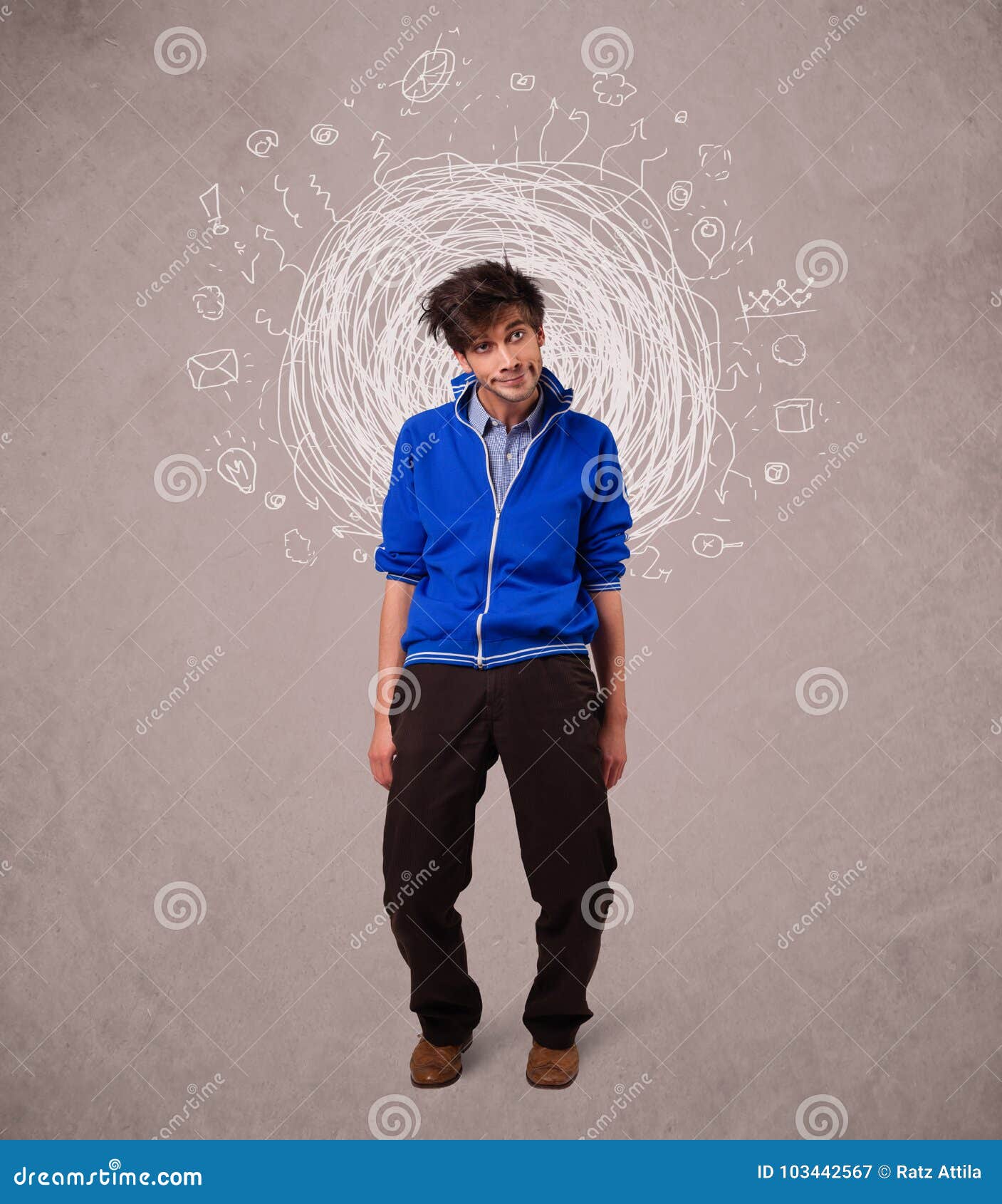 Man with Abstract Circular Doodle Lines and Icons Stock Image - Image ...