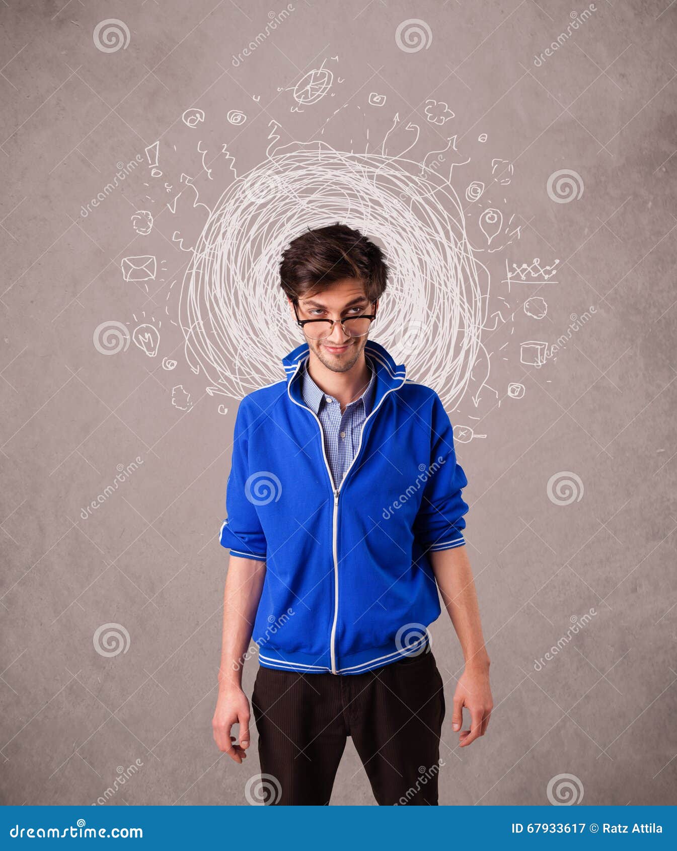 Man with Abstract Circular Doodle Lines and Icons Stock Image - Image ...