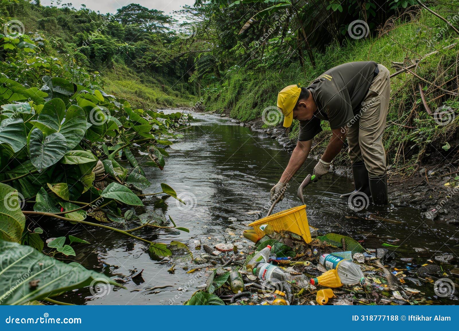 A Man Actively Removing Litter from a River, Clearing a Stream of ...