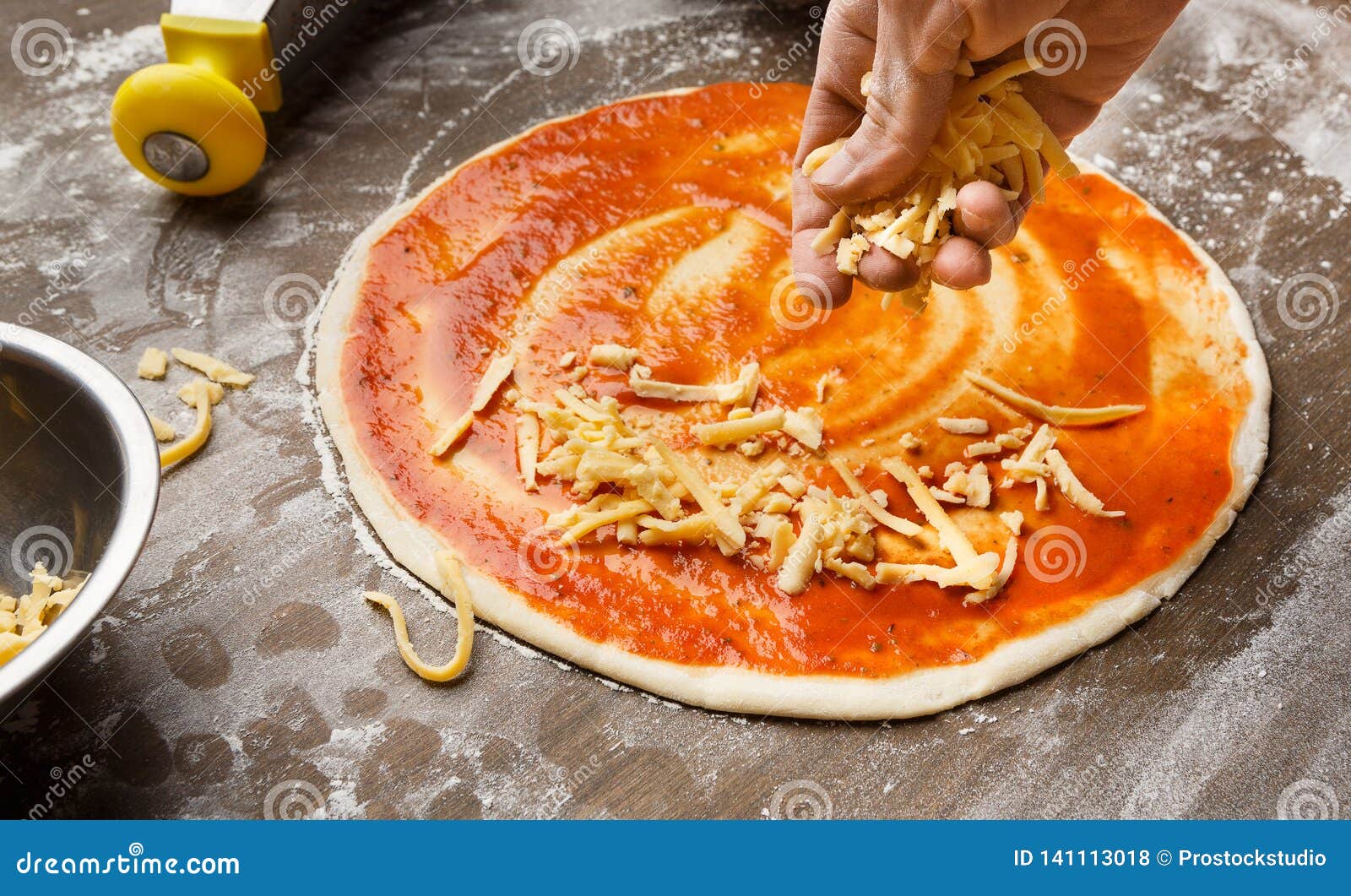 Man Adding Cheese To Pizza at Kitchen Stock Photo - Image of fresh ...