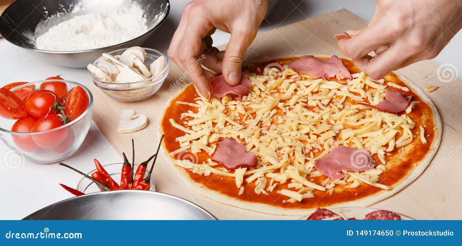 Man Adding Ham on Pizza in Pizzeria Stock Photo - Image of cuisine ...