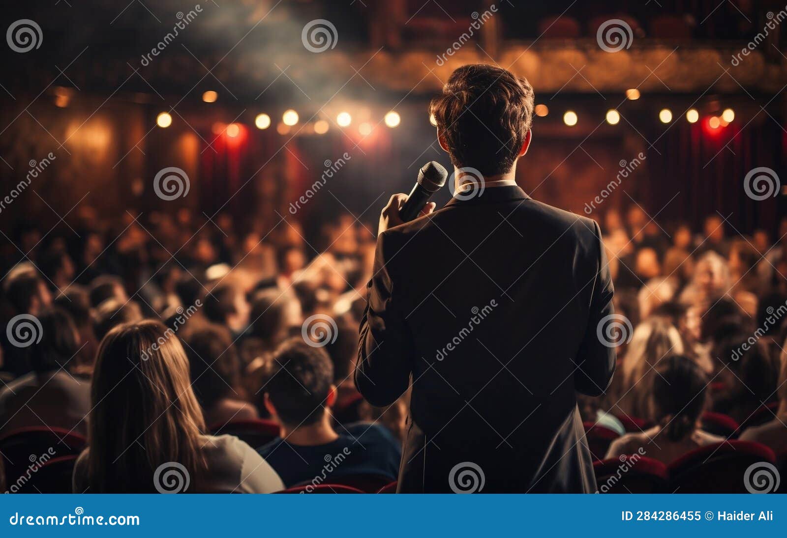 A Man Addressing a Large Audience with a Microphone in Hand. AI Stock ...