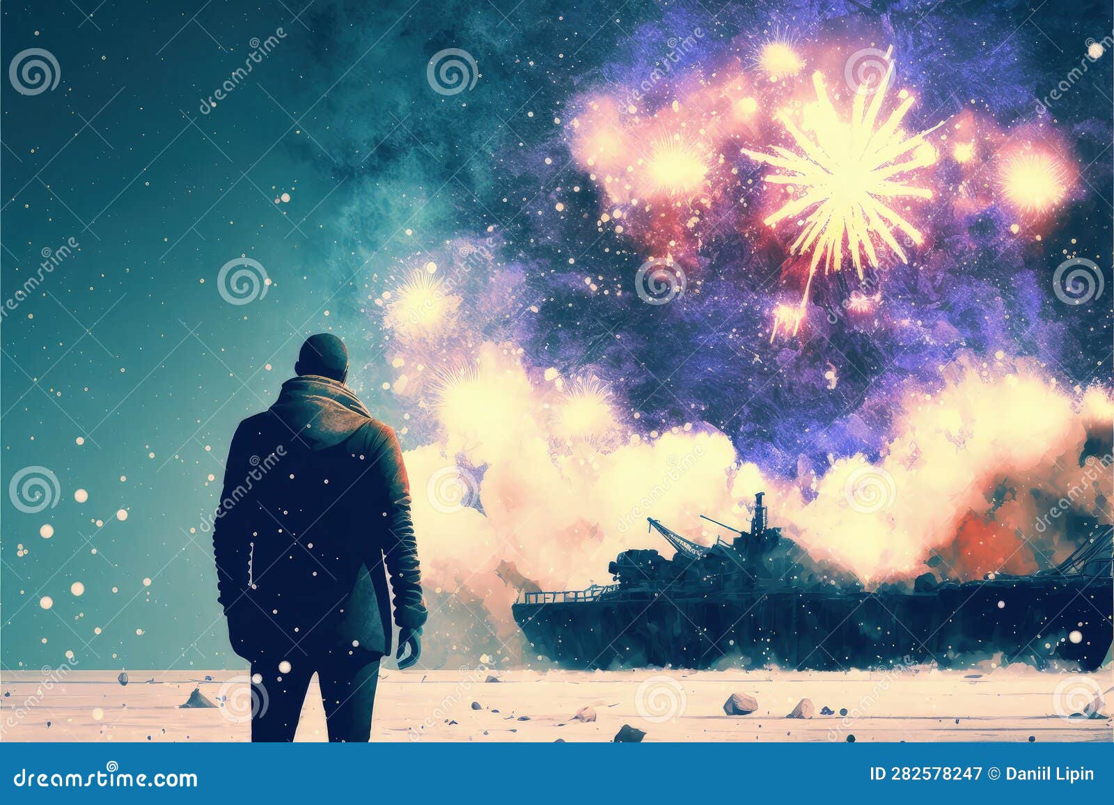 A Man Admires Destroyed Vessels on the Shore Amid a Display of ...