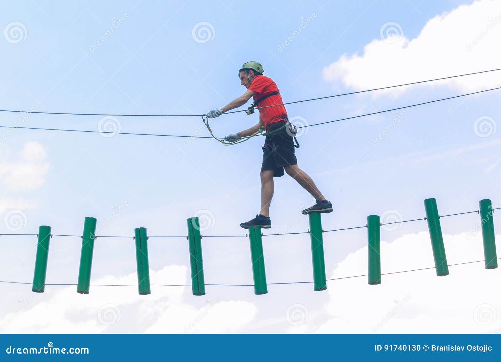 Man in Adventure Park on Tree Top Stock Photo - Image of safety ...