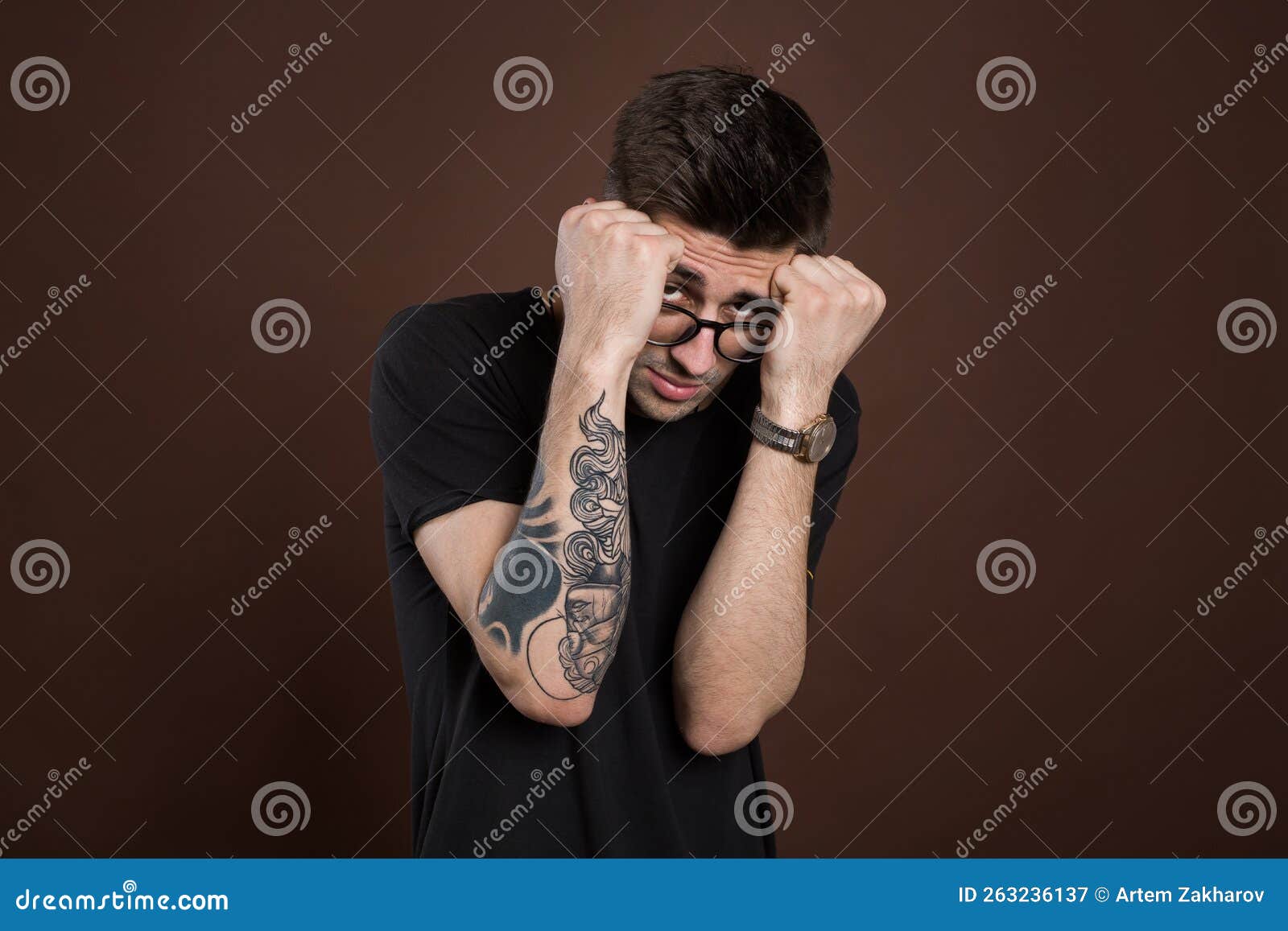 The man is afraid of fear. stock image. Image of person - 263236137
