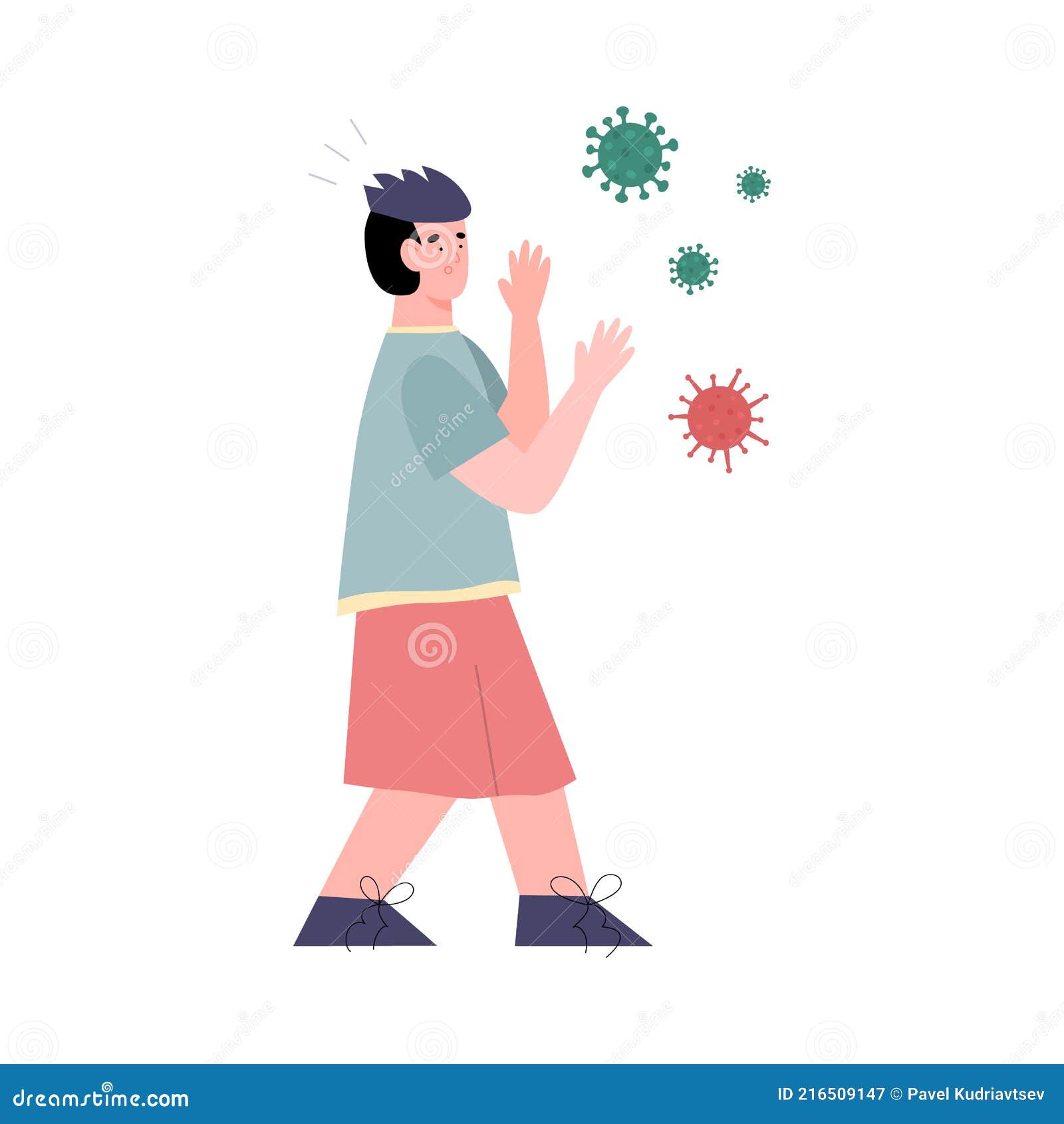 Man Afraid of Viruses and Germs, Flat Vector Illustration Isolated on ...
