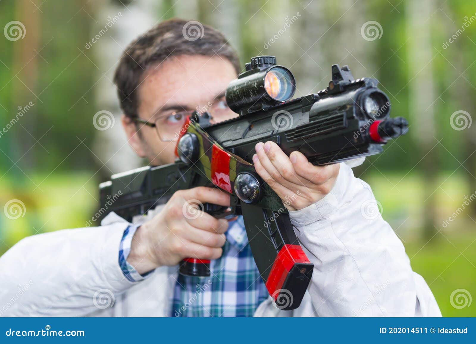 Man Aiming the Gun Laser Tag Equipment. Stock Image - Image of ...