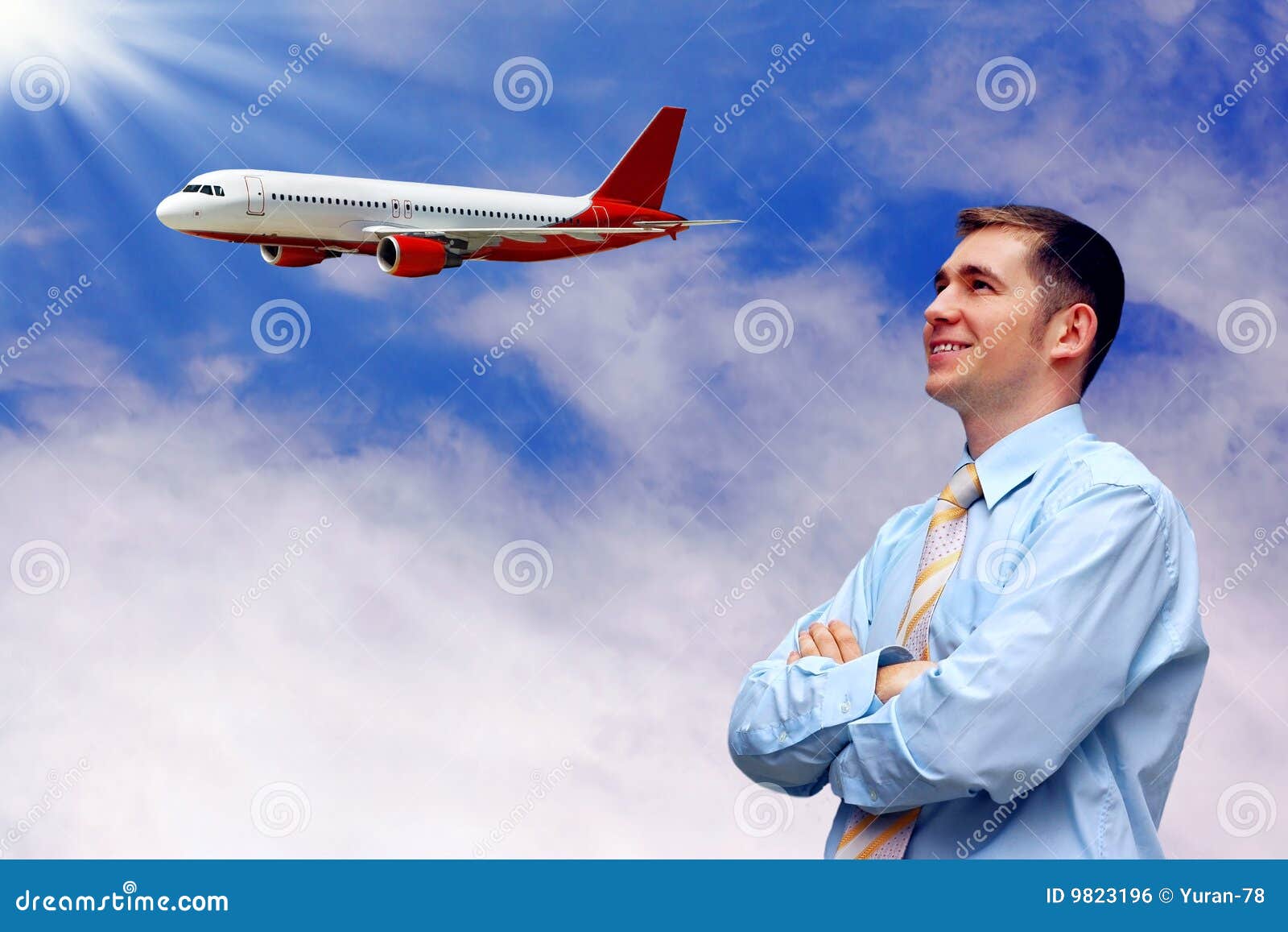 Man and airplane in air stock photo. Image of colored - 9823196