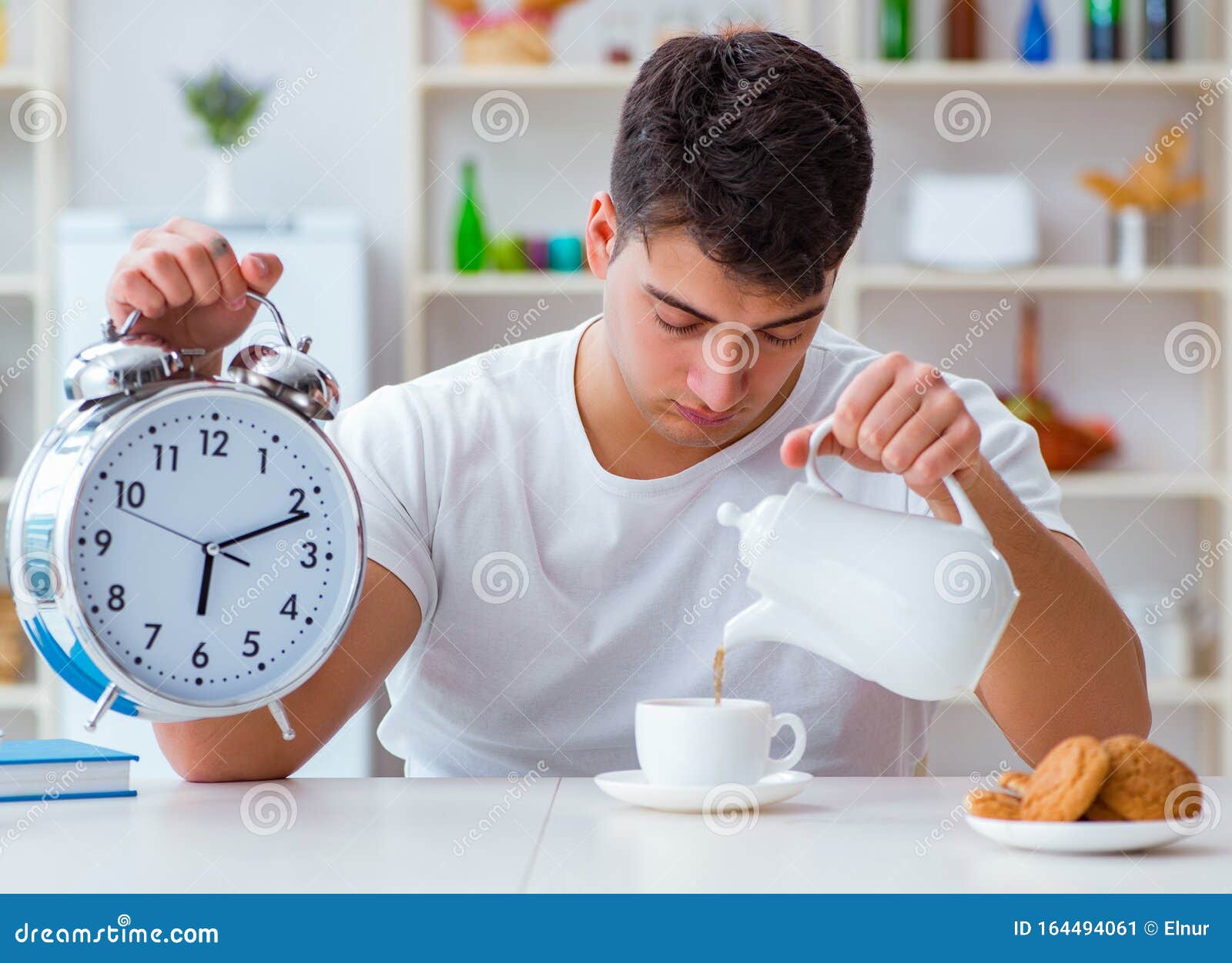Man with Alarm Clock Falling Asleep at Breakfast Stock Image - Image of ...