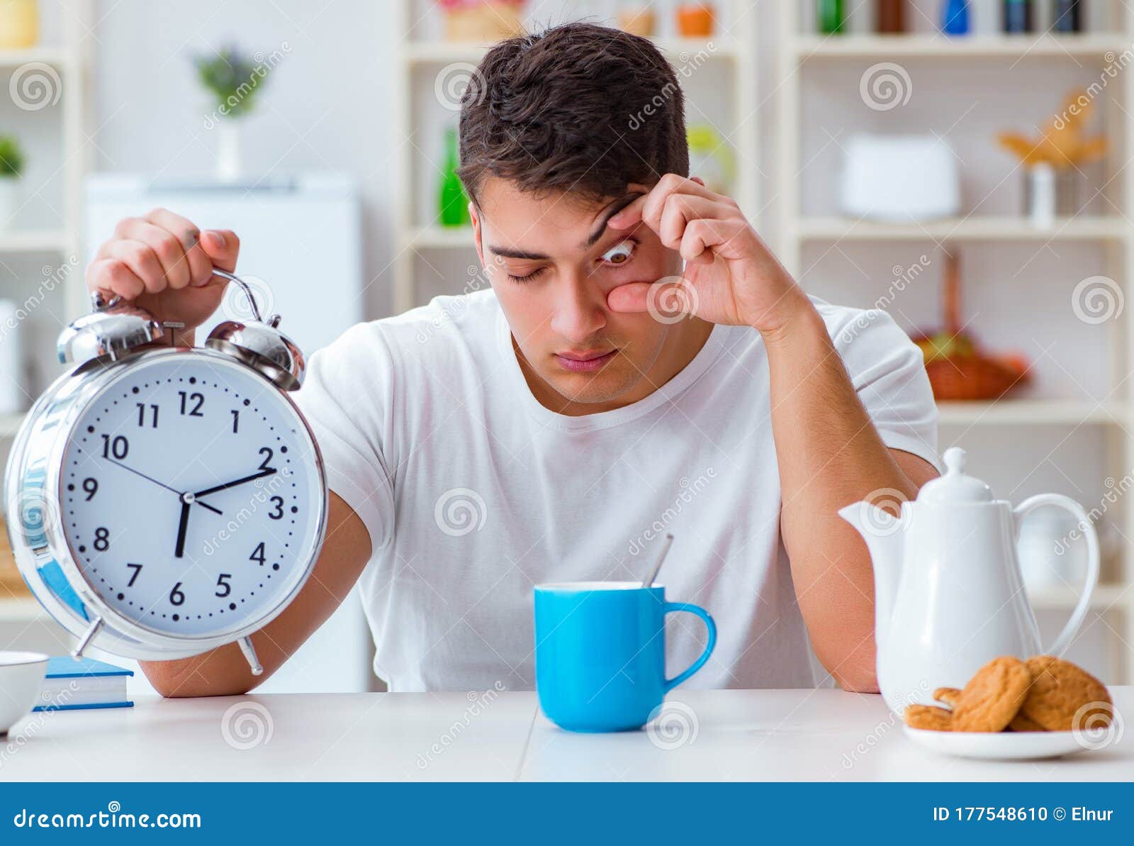Man with Alarm Clock Falling Asleep at Breakfast Stock Photo - Image of ...