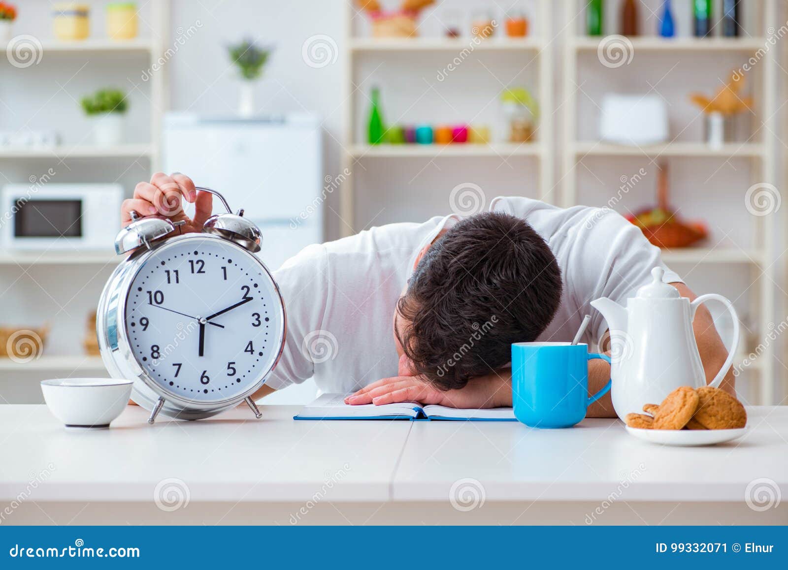 The Man with Alarm Clock Falling Asleep at Breakfast Stock Image ...