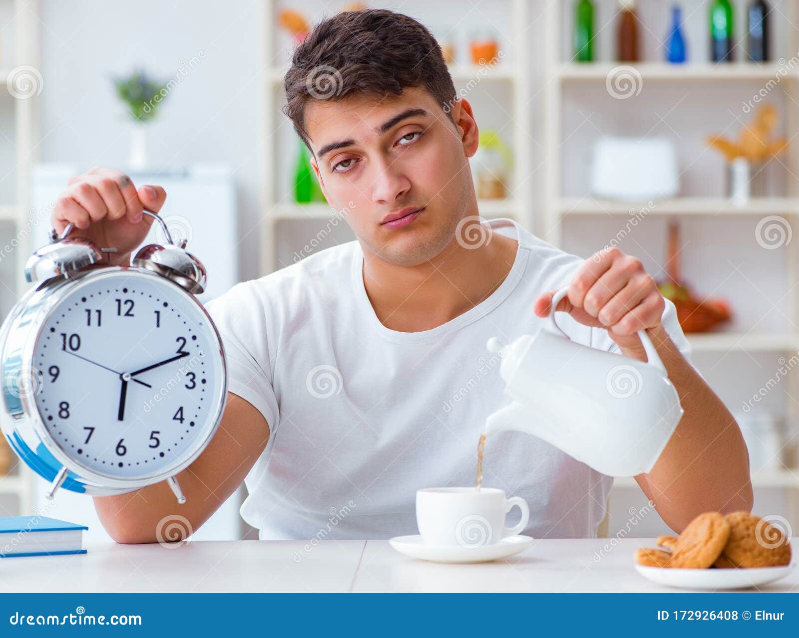Man with Alarm Clock Falling Asleep at Breakfast Stock Photo - Image of ...