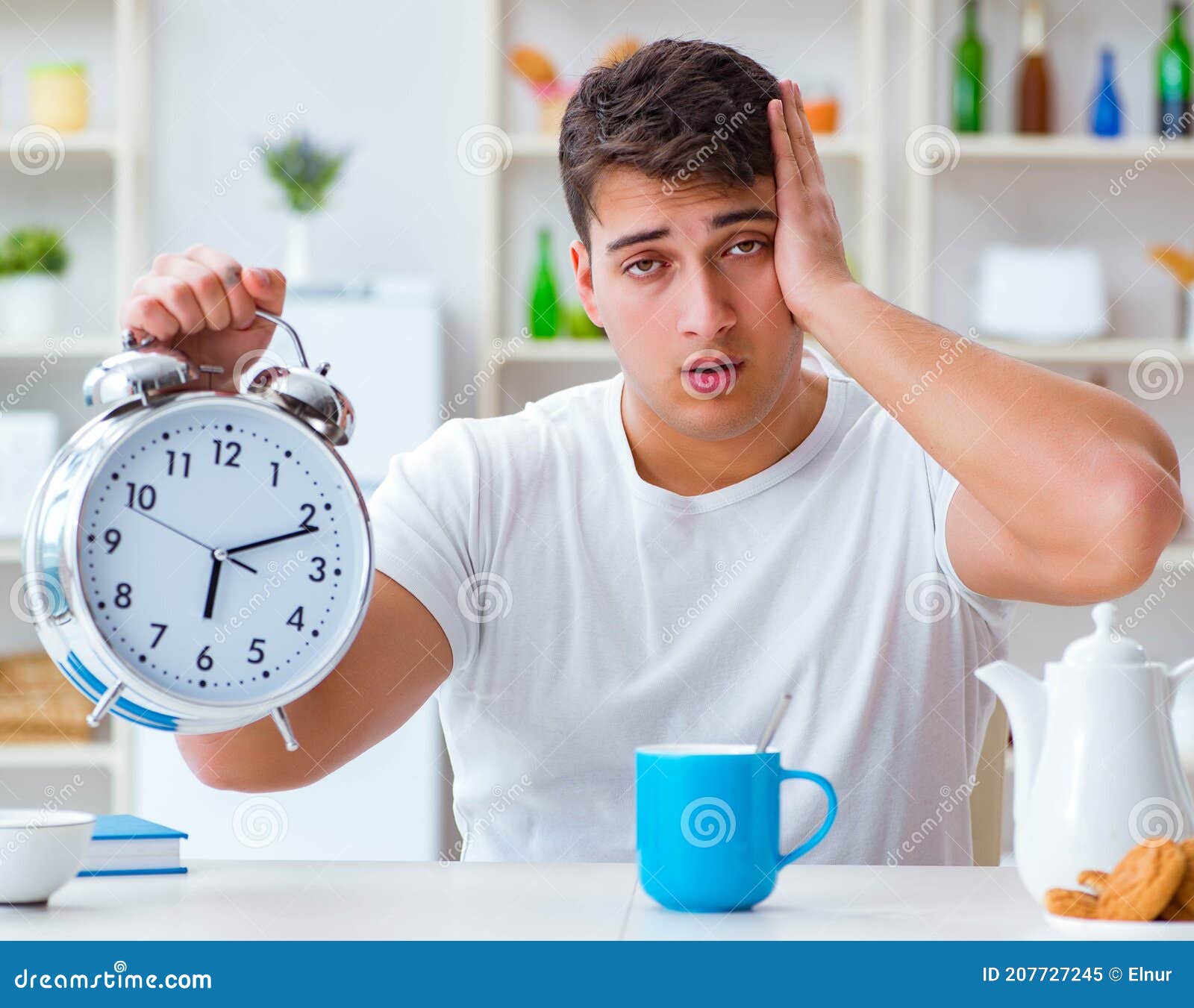 Man with Alarm Clock Falling Asleep at Breakfast Stock Image - Image of ...
