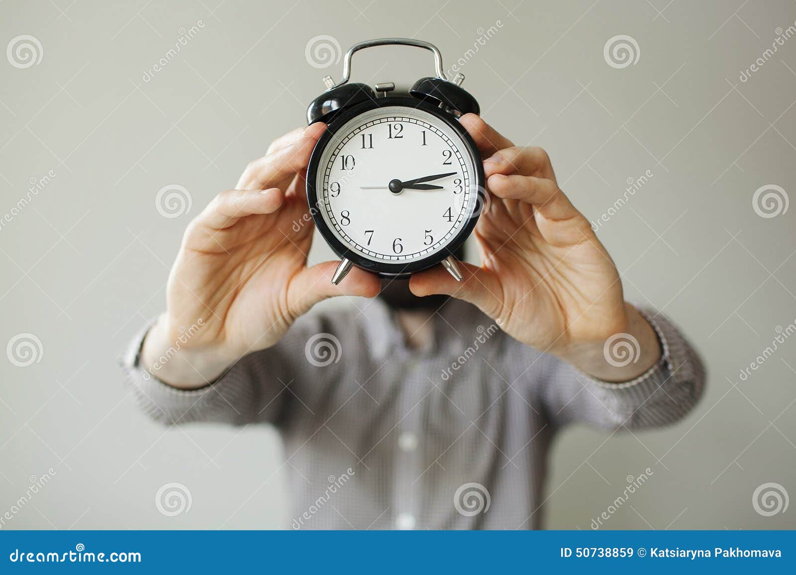 Man With Alarm Clock Head In Hands Stock Image Image Of Display Business 50738859