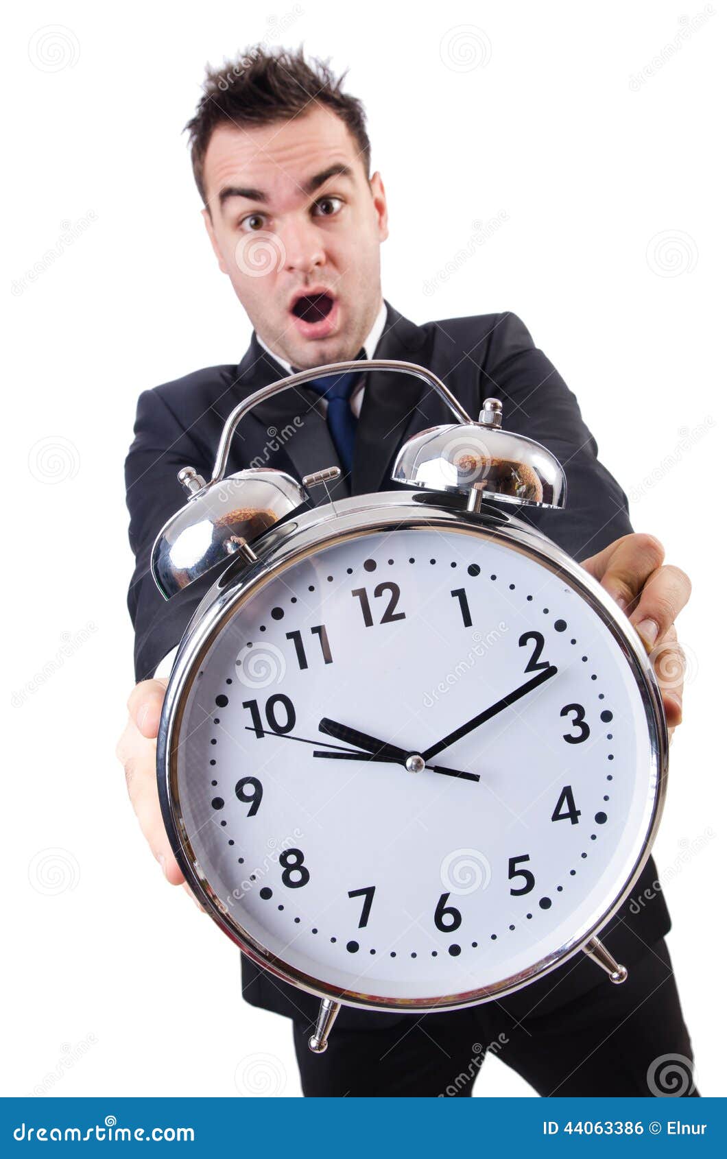 Man with alarm clock stock photo. Image of clock, late - 44063386