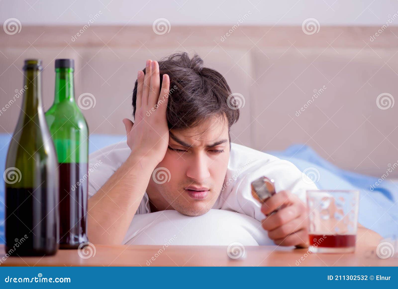 Man Alcoholic Drinking in Bed Going through Break Up Depression Stock ...