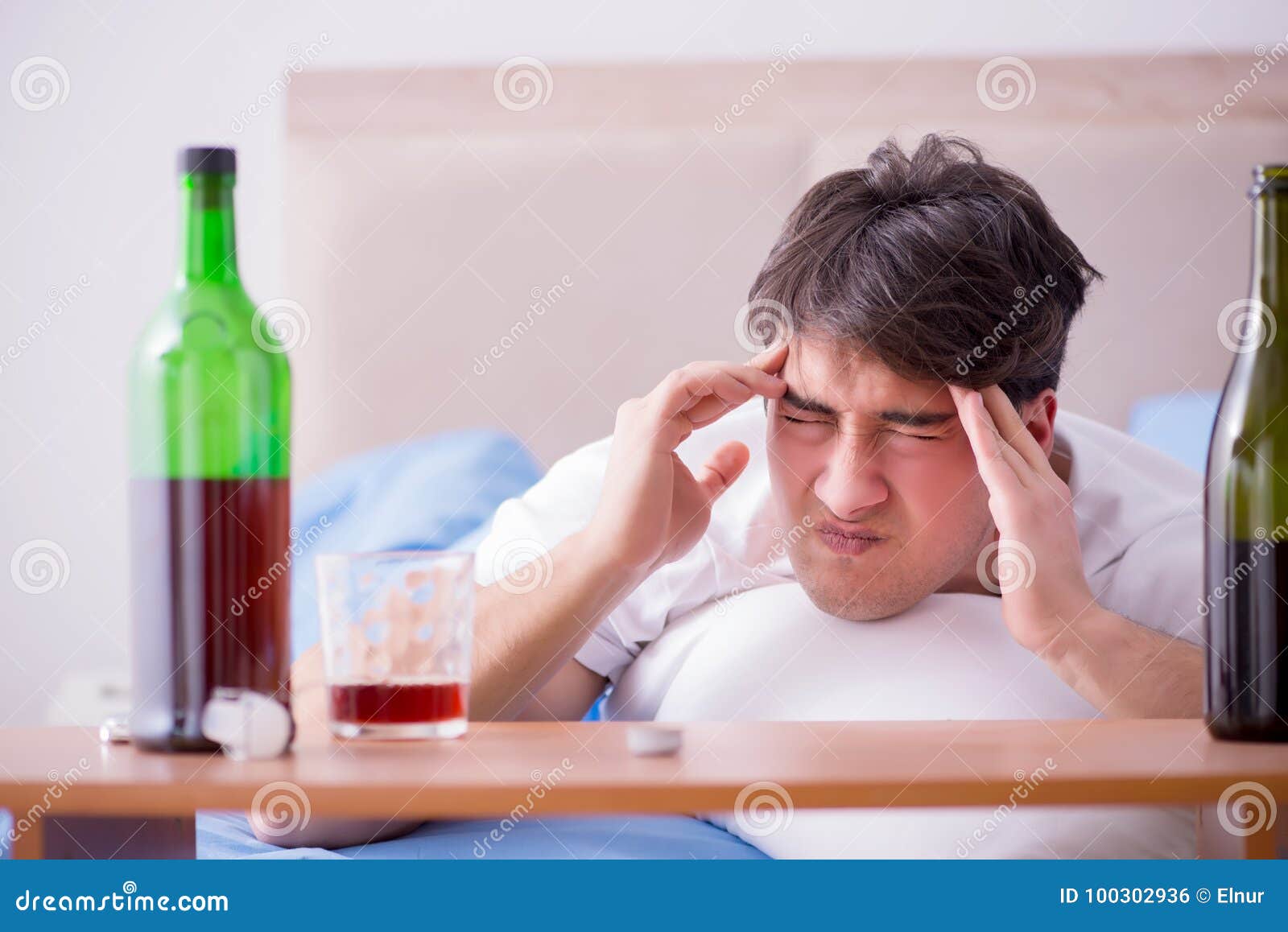 The Man Alcoholic Drinking in Bed Going through Break Up Depression ...