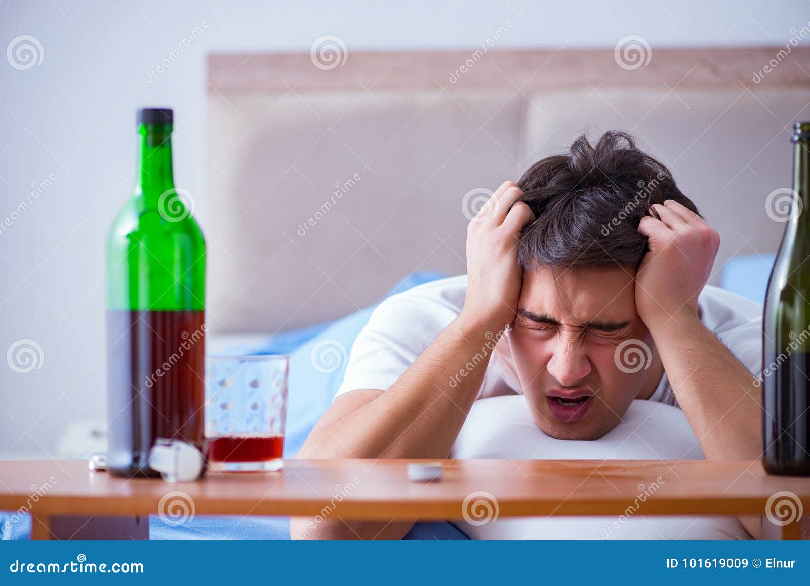 The Man Alcoholic Drinking in Bed Going through Break Up Depression ...